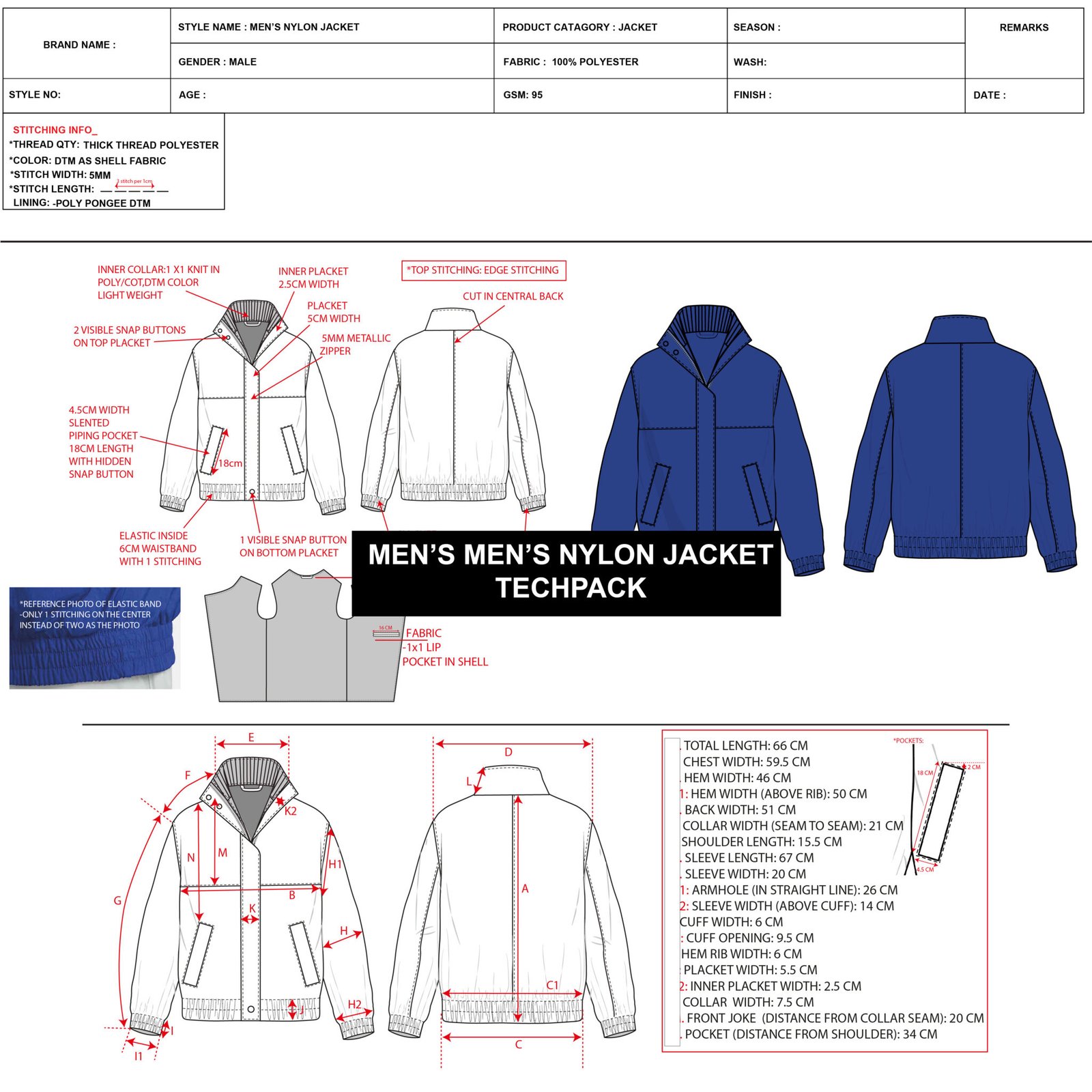 Men’s Nylon Jacket Tech Pack | Editable Fashion Specification Sheet (AI ...