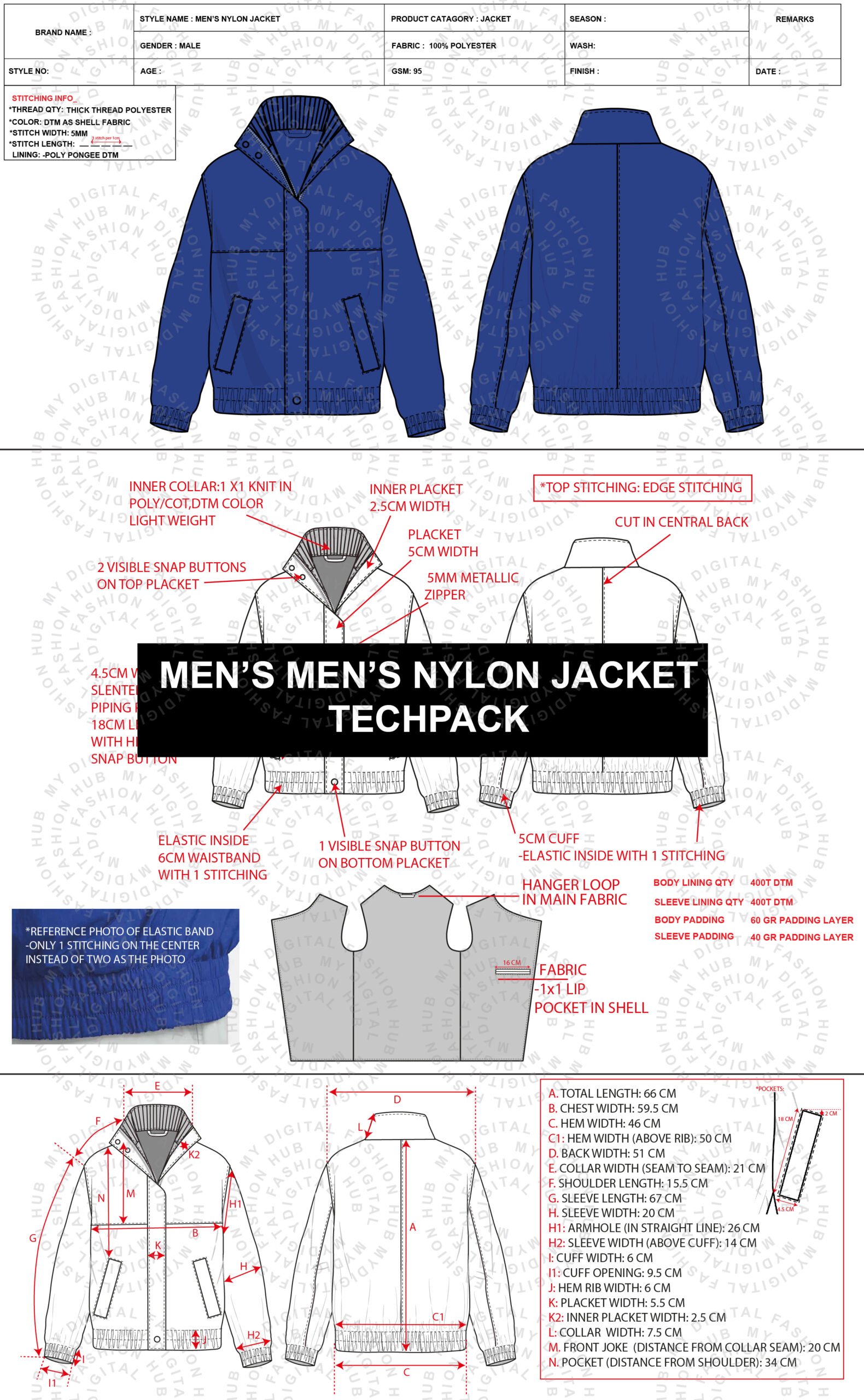Men’s Nylon Jacket Tech Pack | Editable Fashion Specification Sheet (AI) - mydigitalfashionhub.com