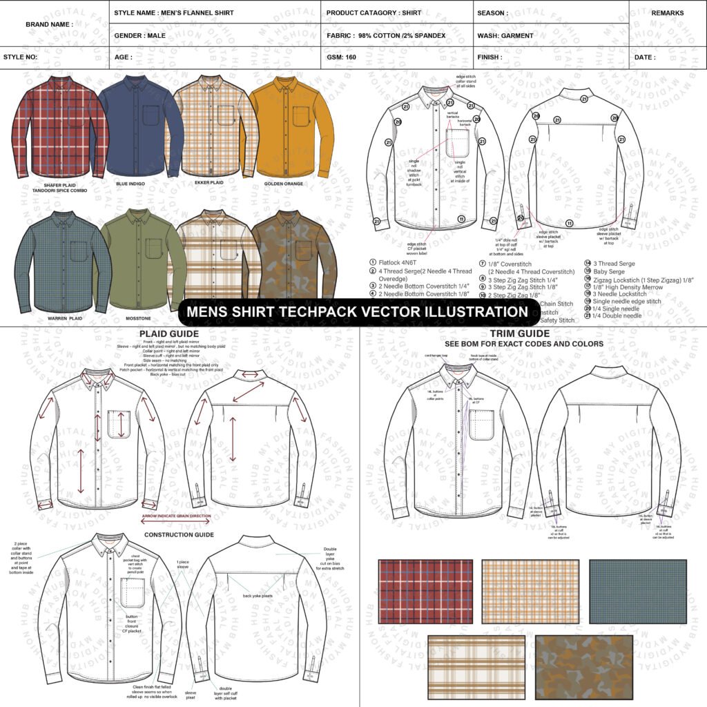 Mens Shirt Tech Pack Template for Flawless Designing 8 styles